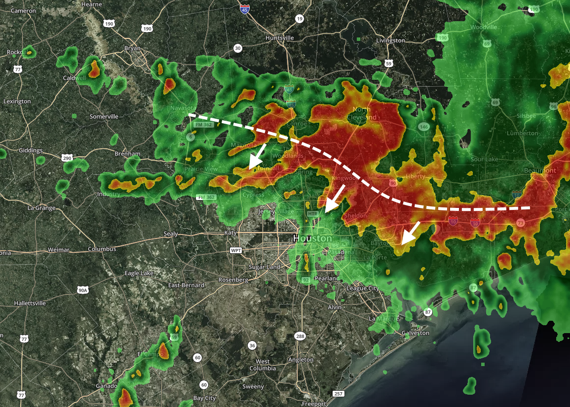 Extremely heavy rainfall north and east of Houston sagging toward the ...